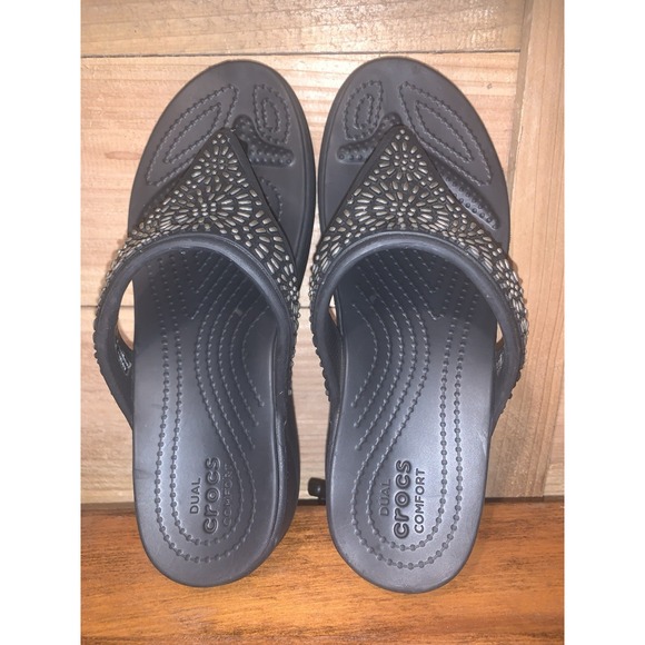 CROCS | Shoes | Crocs Dual Comfort Thong 6w Sandals W Black Studded ...